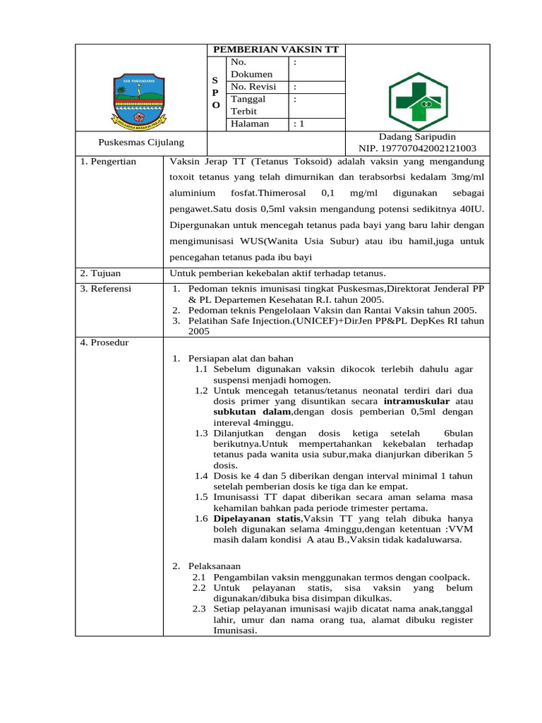Panduan Pemberian Vaksin TT | PDF