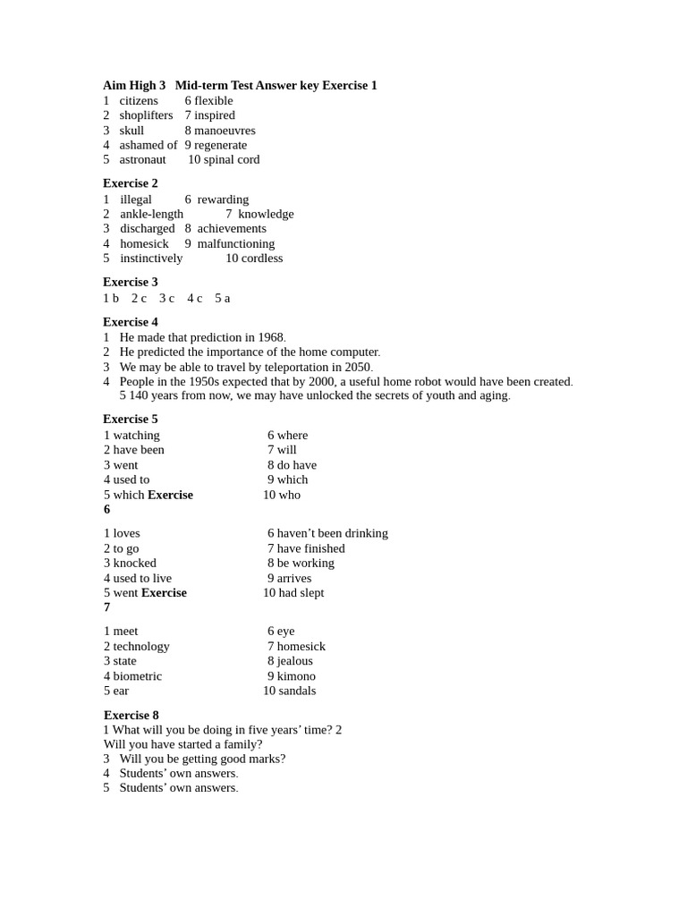 Aim High 3 Mid-term Test Answers | PDF