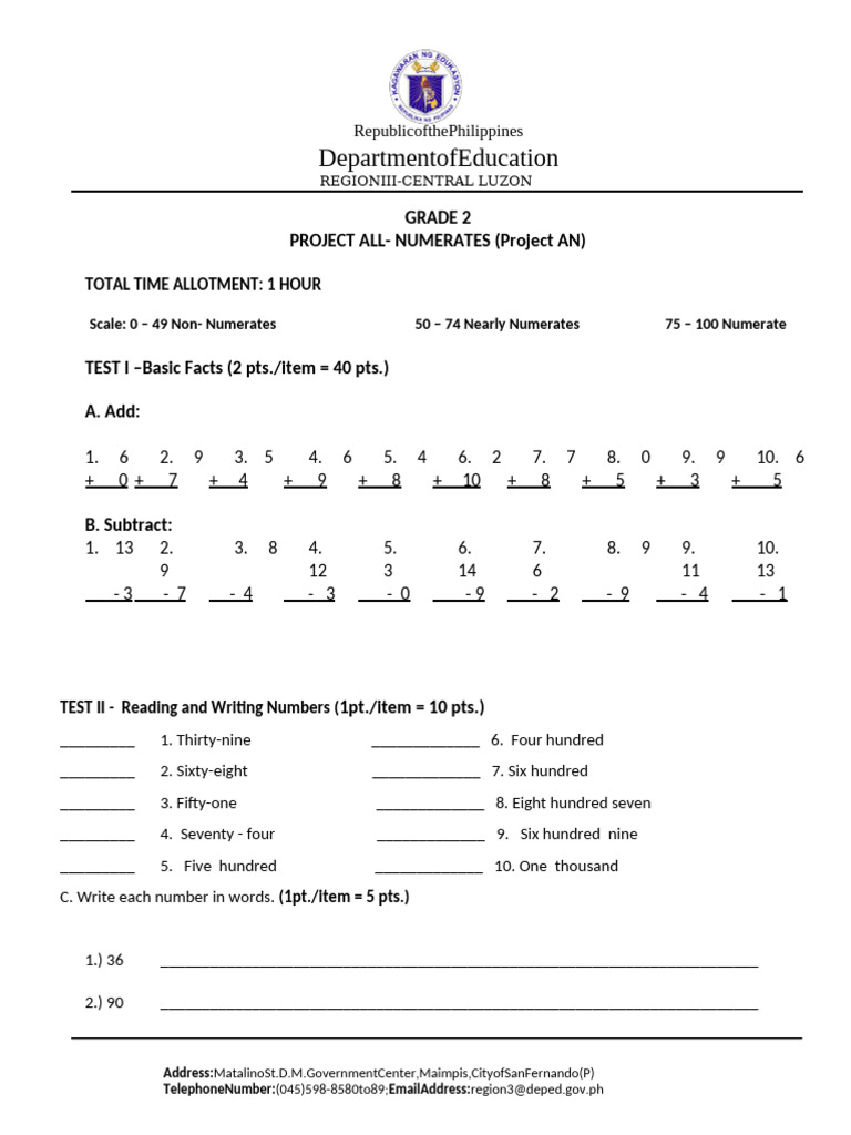 Grade 2 - PAN-ASSESSMENT-TOOL | PDF | Mathematics