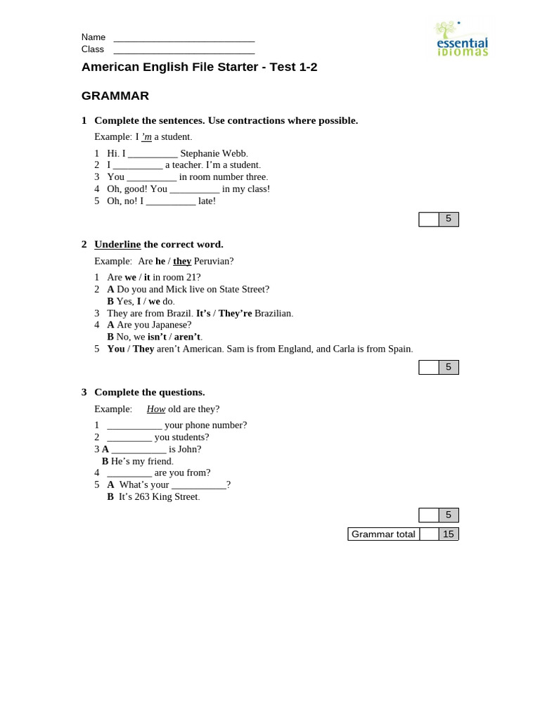 Aef Starter Test 1 2 Overview Pdf English Language Human