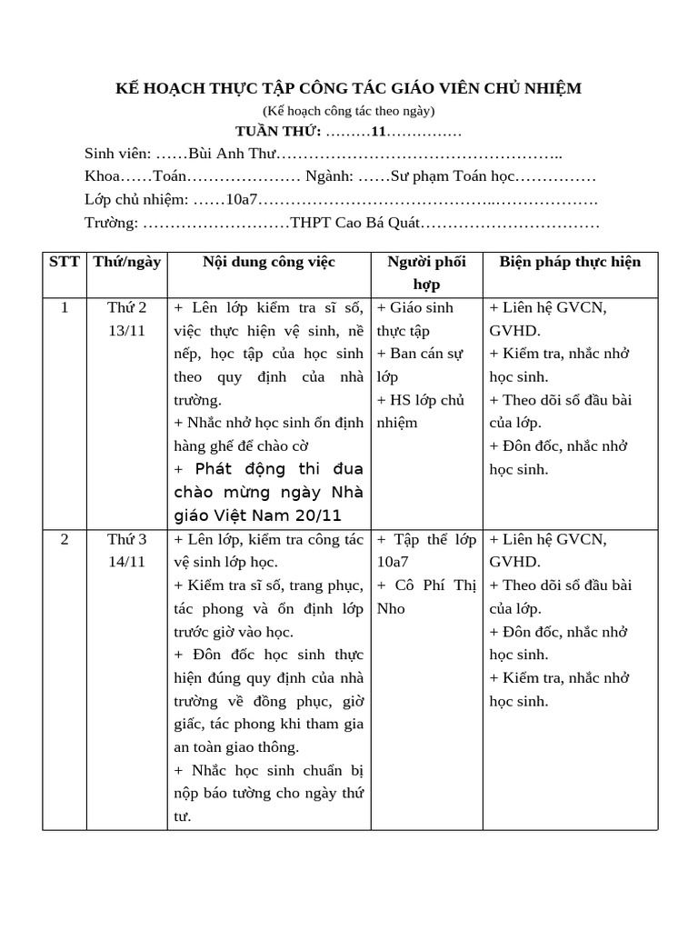 Công Tác Giáo Viên Chủ Nhiệm t10 | PDF