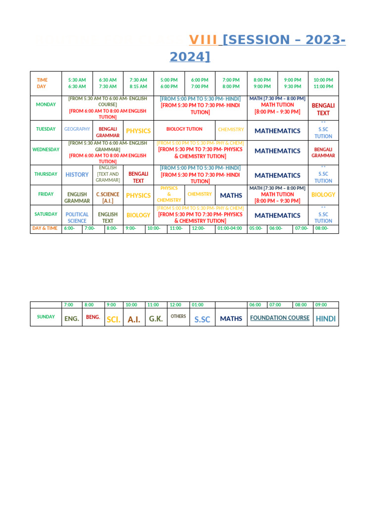 Routine For Class Viii | PDF