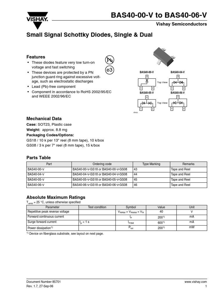 BAS40-00-V To BAS40-06-V: Small Signal Schottky Diodes, Single & Dual ...