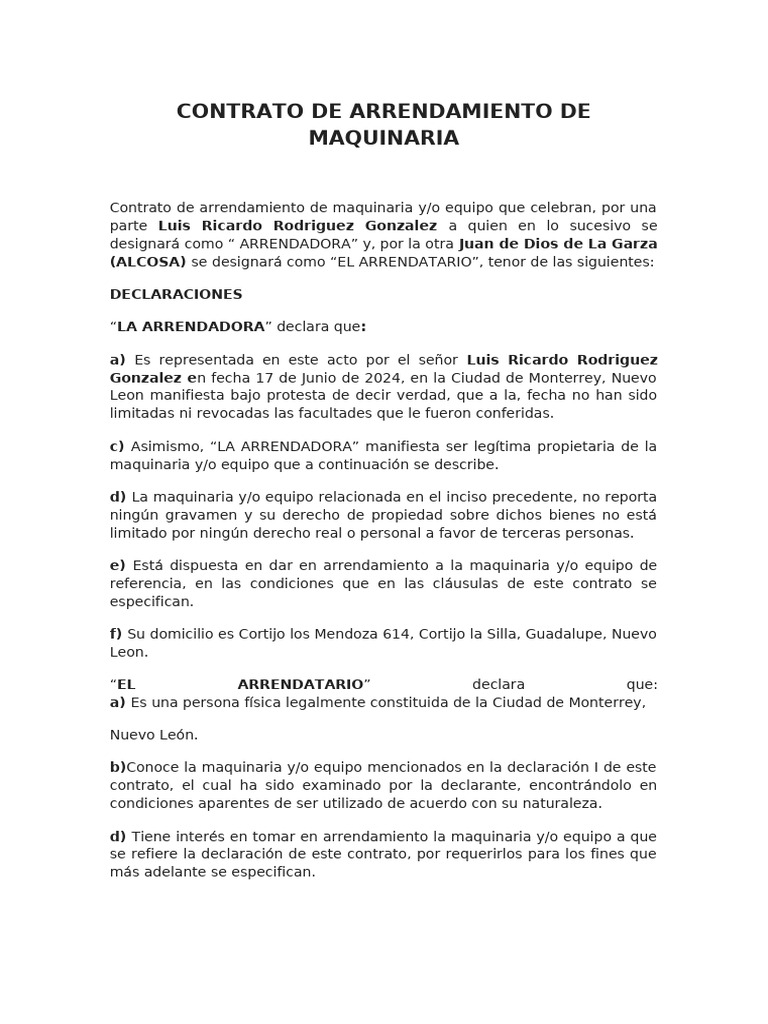 Contrato de Arrendamiento de Maquinaria | PDF
