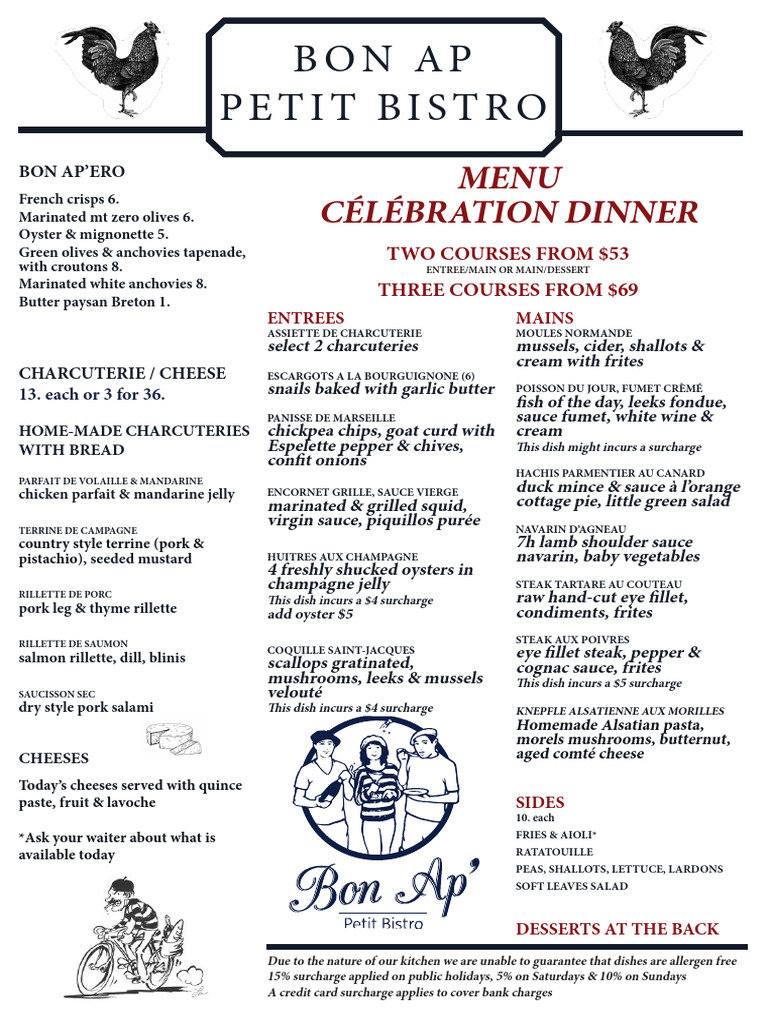 Bonap Petit Bistro: Menu Célébration Dinner | PDF | Sauce | Desserts