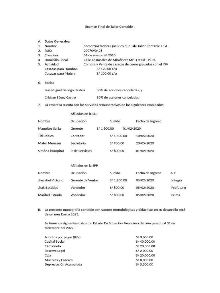 Examen Final de Taller Contable I | PDF | Economias | Contabilidad