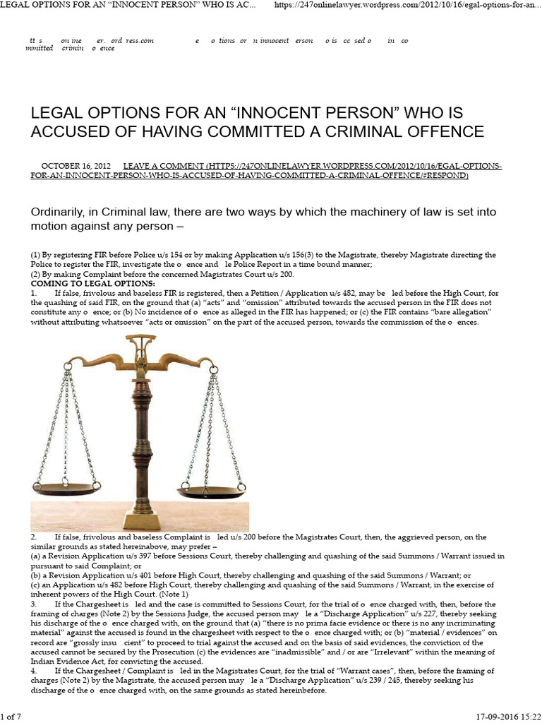 LEGAL OPTIONS FOR AN "INNOCENT PERSON" WHO IS ACCUSED OF HAVING ...