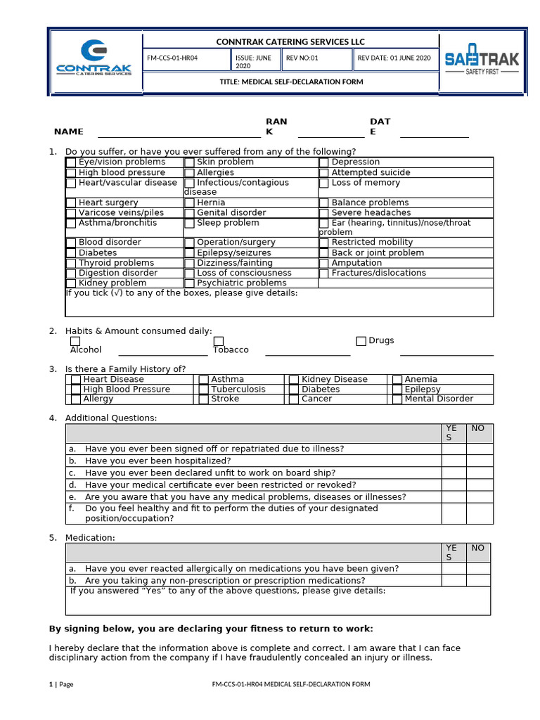FM CCS 01 HR04 Medical Self Declaration Form | PDF | Mental Disorder | Epilepsy