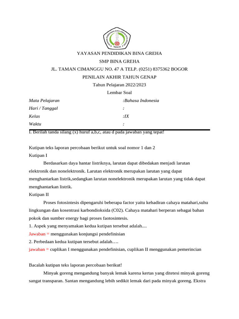 Pat Genap B. Indonesia 2023-2024 | PDF