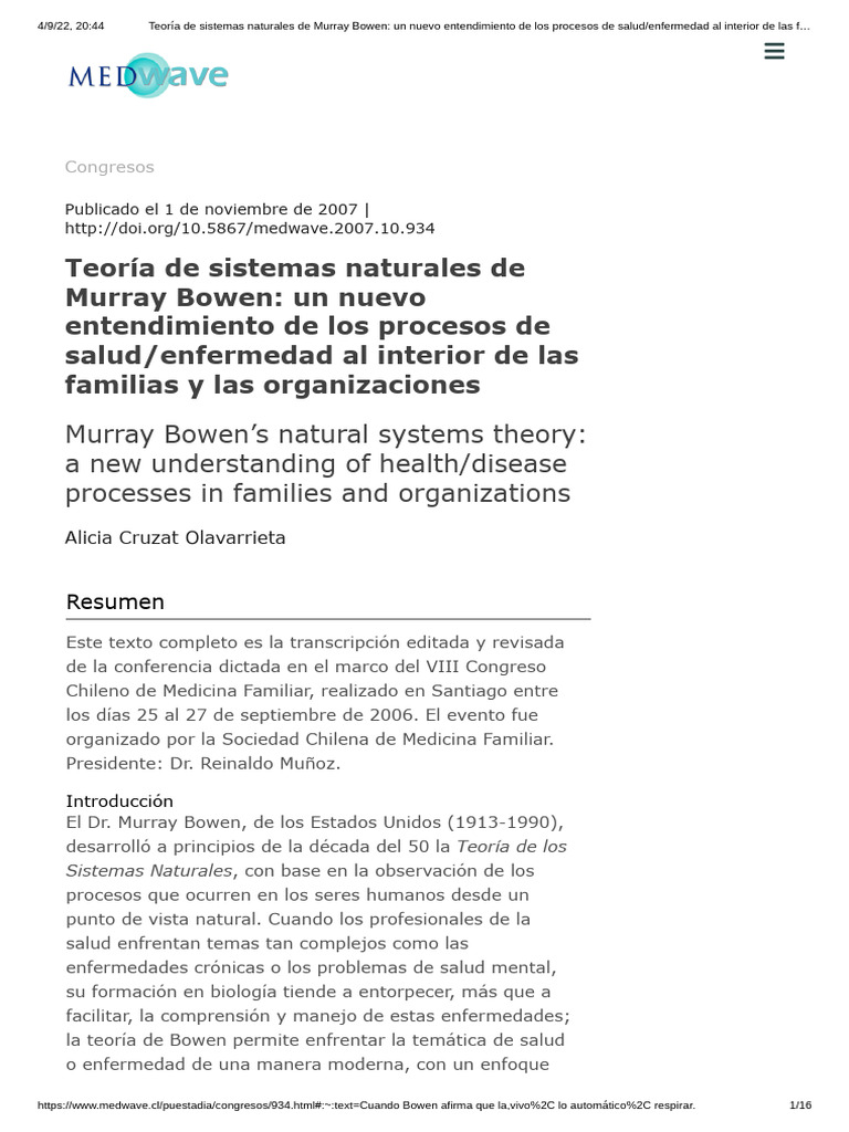 Teoría de Sistemas Naturales de Murray Bowen - Un Nuevo Entendimiento de Los Procesos de Salud ...