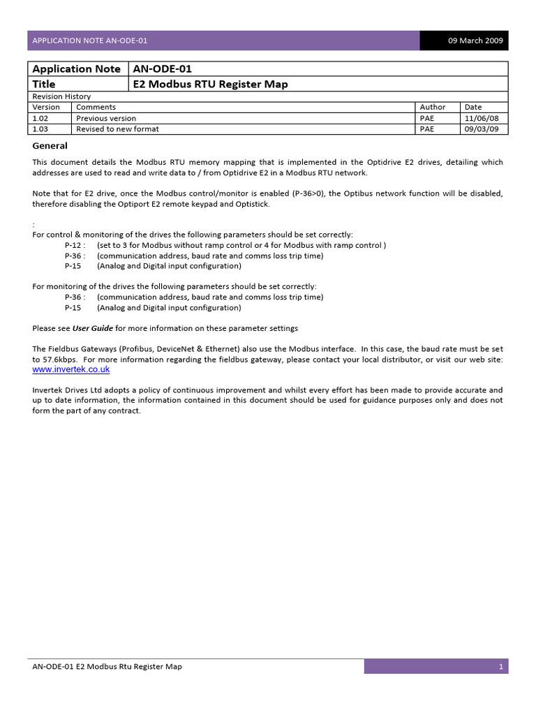 ModBus - E2 - AN-ODE-01 - MODBUS Register Map Information | PDF | Read ...