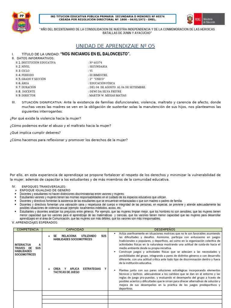 Unidad de Aprendizaje #05 Iii Bimestre Ed. Fisica 2° - 083023 | PDF | Enseñando | Aprendizaje
