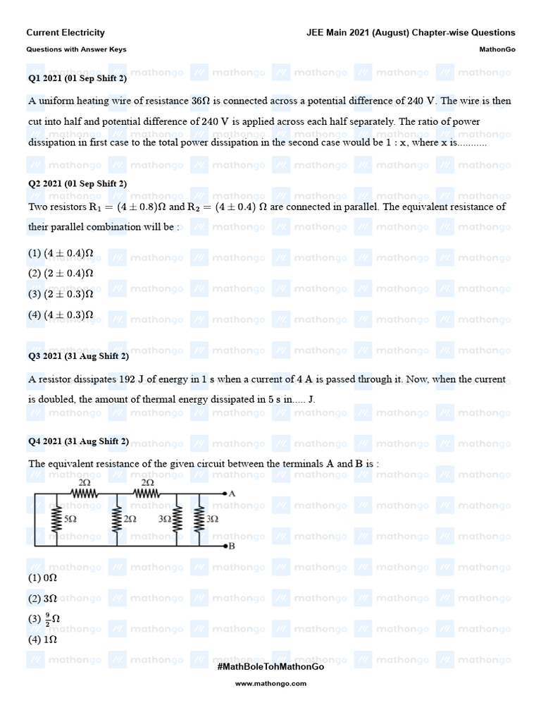 Current Electricity - JEE Main 2021 August Chapter-Wise - MathonGo | PDF | Series And Parallel ...