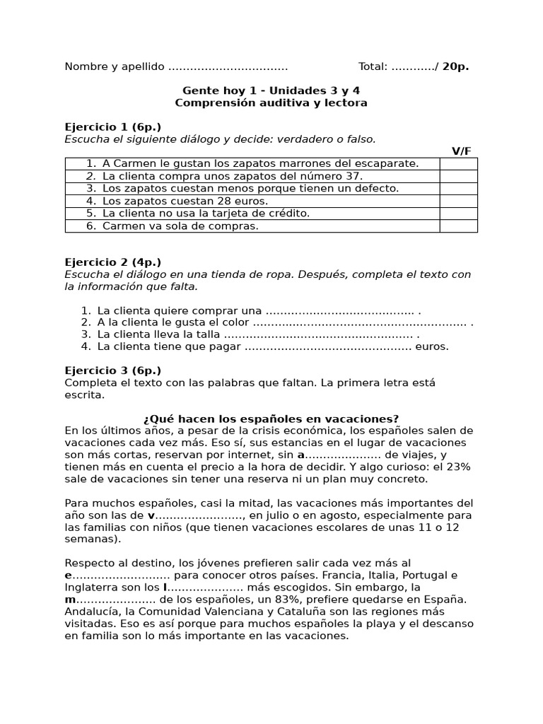Comprención auditiva y lectora - U3y4, 0H | PDF