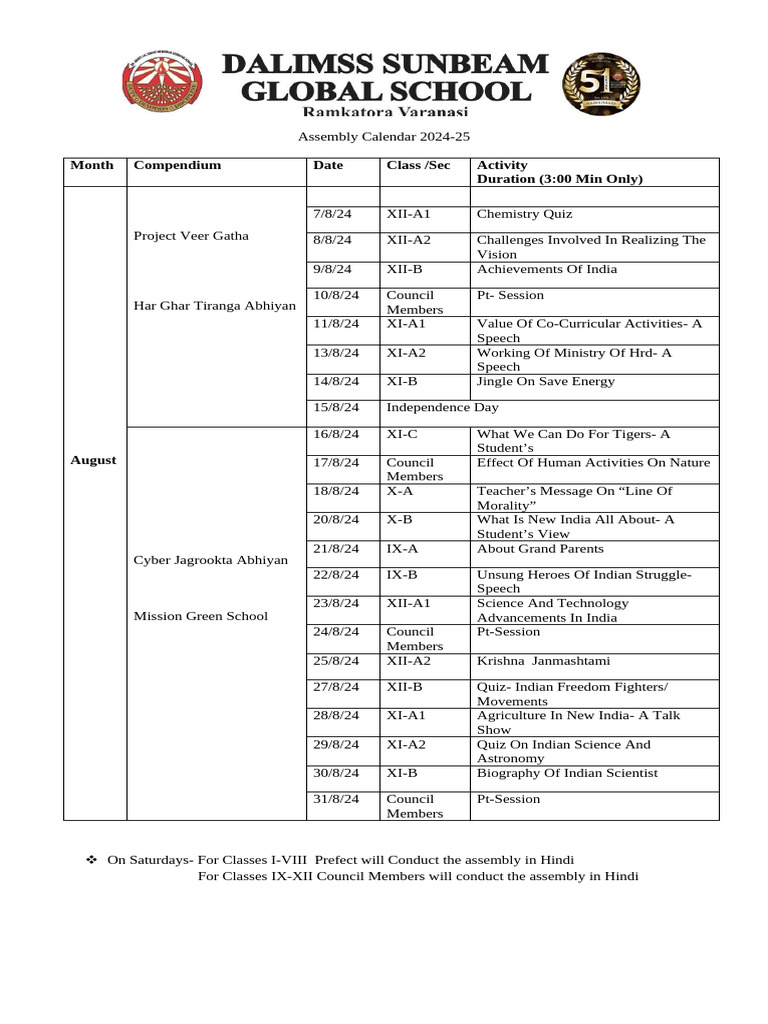 Assembly Calendar -August 2024 | PDF | Science