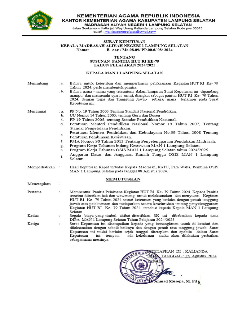 SK Panitia Hut Ri Ke-79 Tahun 2024 | PDF