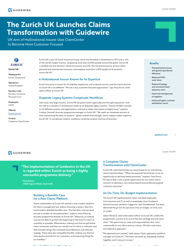 The Zurich UK Launches Claims Transformation With Guidewire | PDF ...
