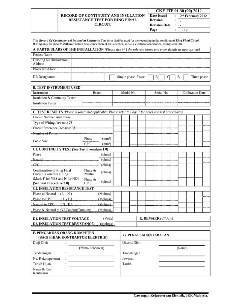 Ring Final Circuit Testing Record | PDF | Electrical Wiring ...