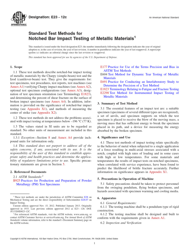 Notched Bar Impact Testing of Metallic Materials: Standard Test Methods ...