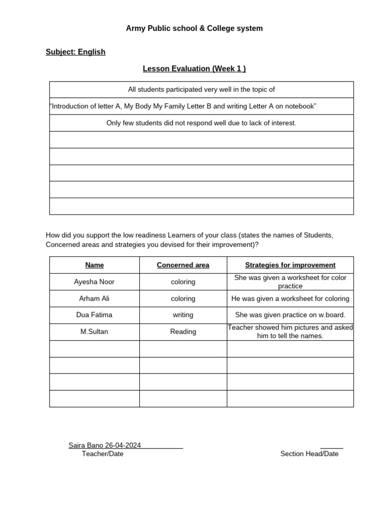 Evaluation Week 1 | PDF | Teaching | Learning