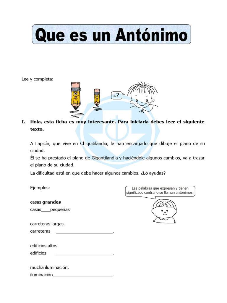 Ficha Que Es Un Antonimo para Cuarto de Primaria | PDF