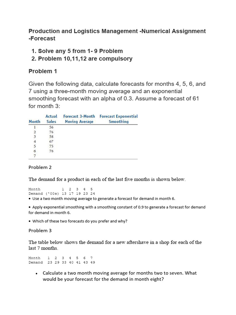 Assignment 2 Production And Logistics Management Forecasting Numerical