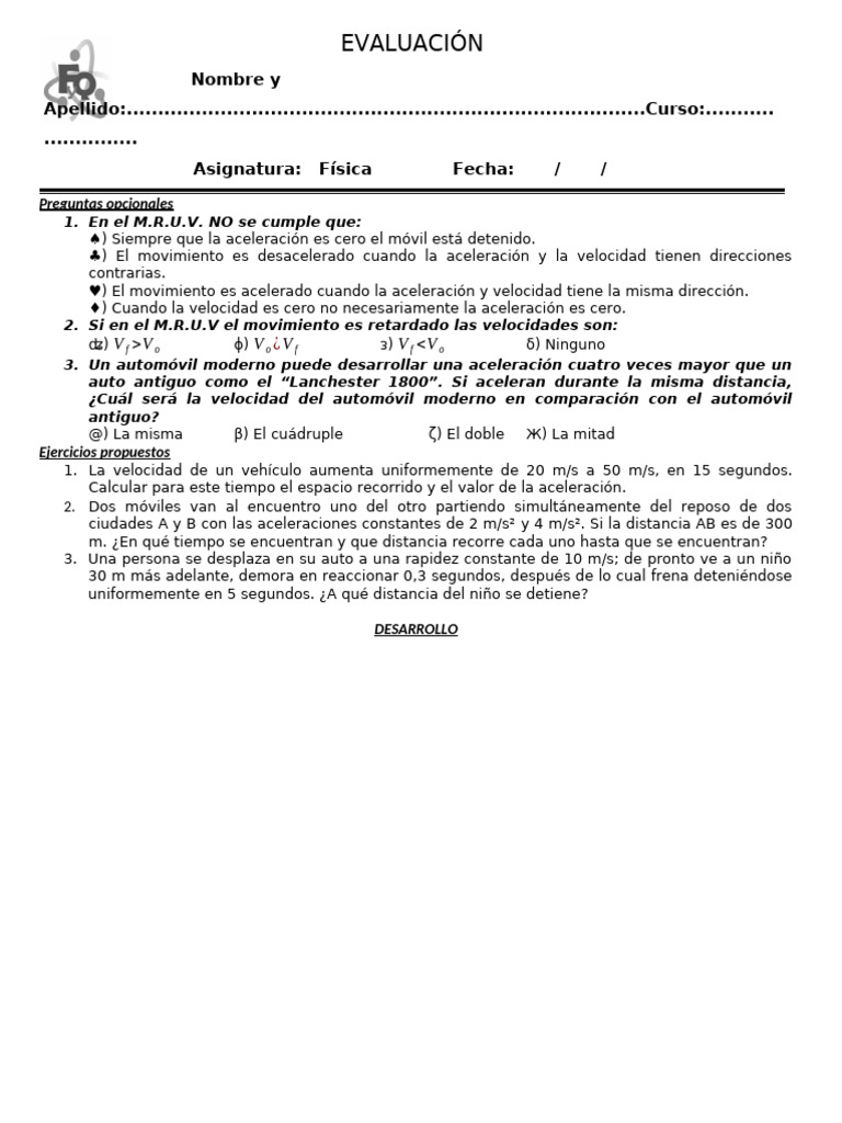 Evaluación Mruv II | PDF | Aceleración | Tiempo espacial