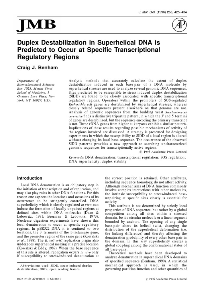 Craig J. Benham - Duplex Destabilization in Superhelical DNA Is ...