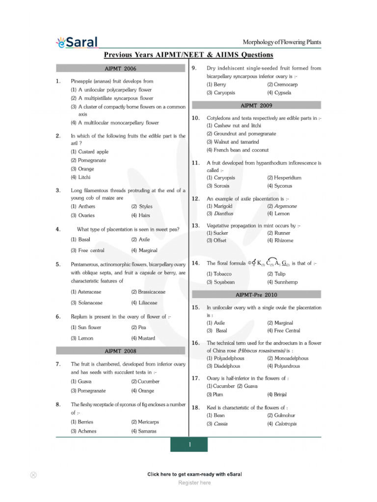 Neet Pyqs Morpho Flowering Plants | PDF