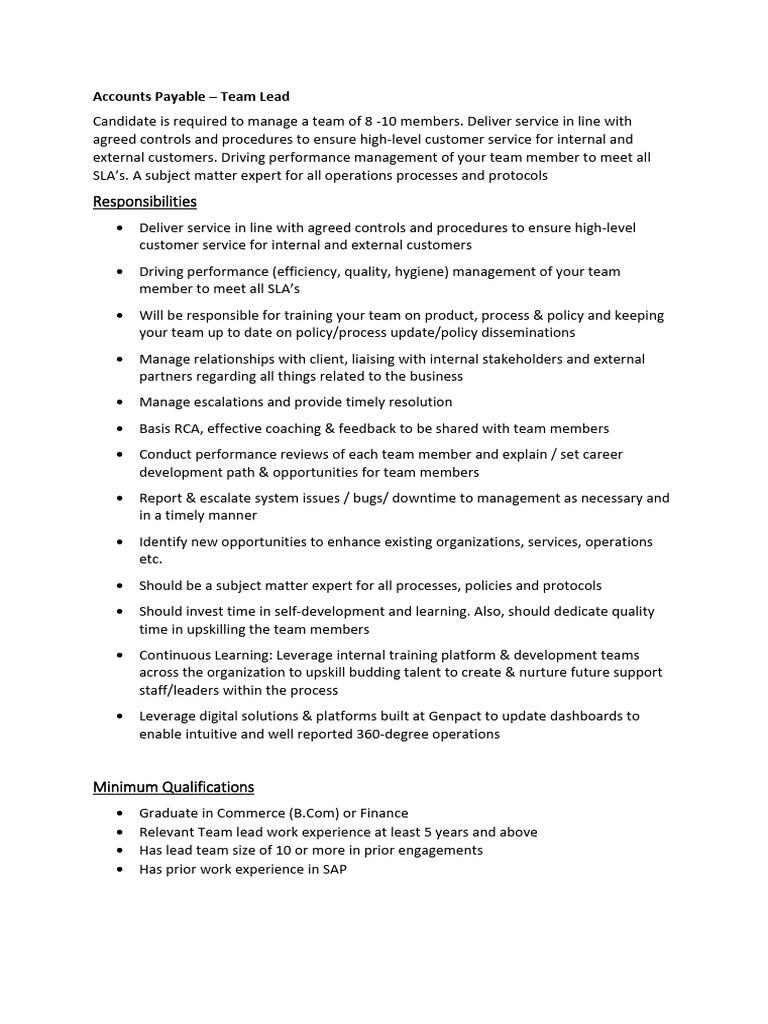 JD - Accounts Payable - Team Lead | PDF | Second Language Acquisition ...