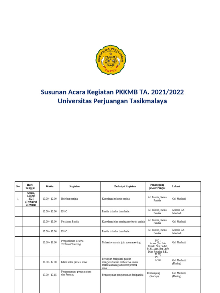 Susunan Acara Kegiatan PKKMB UNPER 2021-Fix | PDF
