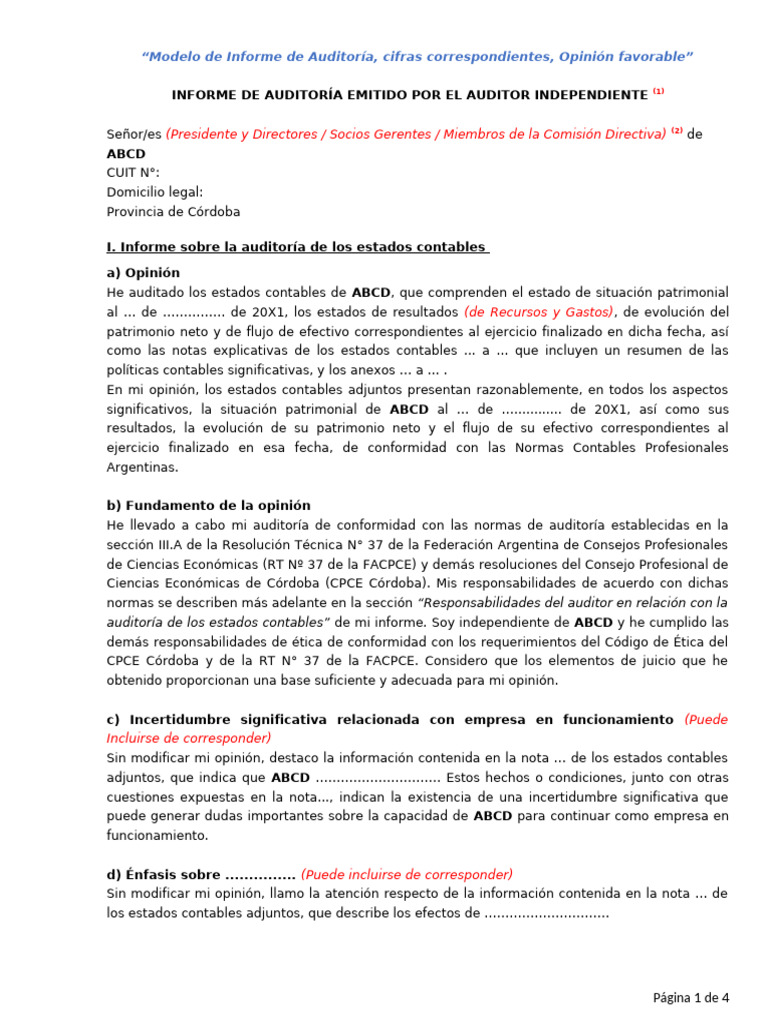 Informe Del Auditor Opinion Favorable Cifras Correspondientes. RT 37 ...