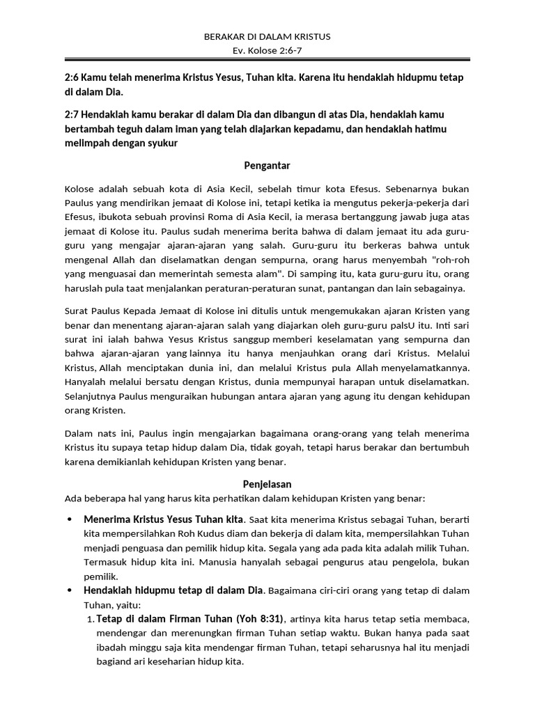 Khotbah Berakar Dalam Kristus Retret PP GKPI Kwala Bekala | PDF | Pengembangan Diri