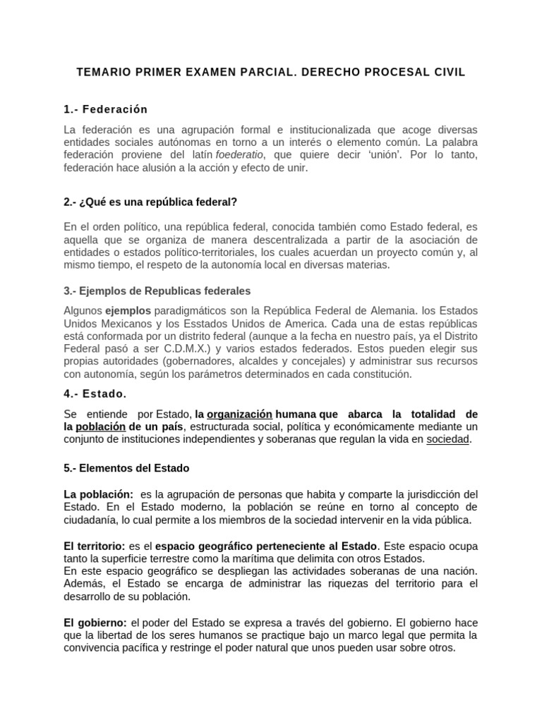 Temario para Primer Examen Parcial Derecho Procesal Civil | PDF | Federación | Estado (política)