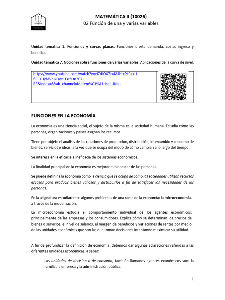 02 03 Funcion de Una y Varias Variables APLICACIONES A LA ECONOMIA QR | PDF | Oferta (economía ...