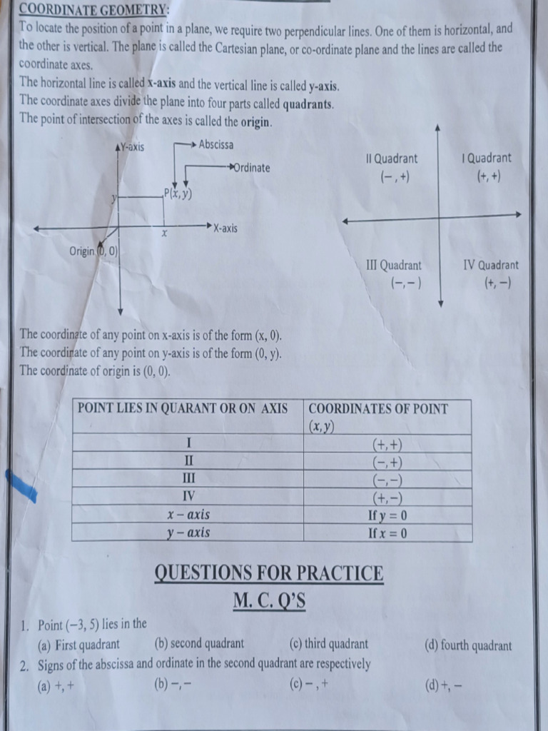 Coordinate Geometry Key Notes And Questions Pdf Cartesian