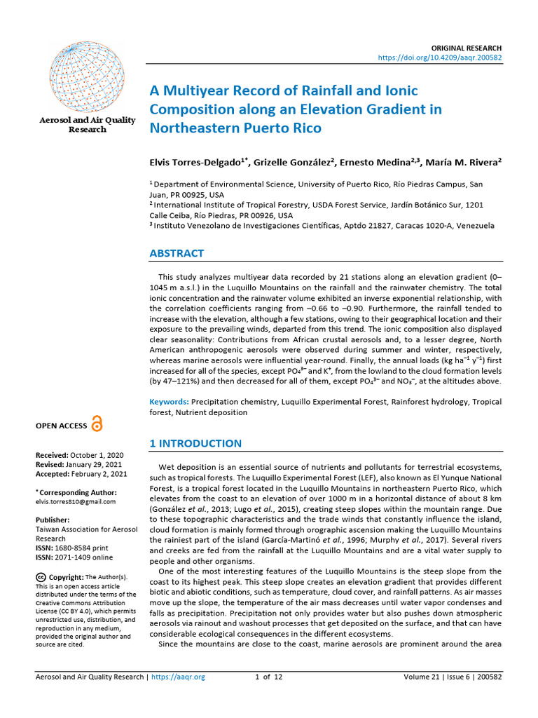 Torres-Delgado Gonzalez Medina Et Al. - Multiyear Rainfall Chemistry Along Elevation Gradient ...