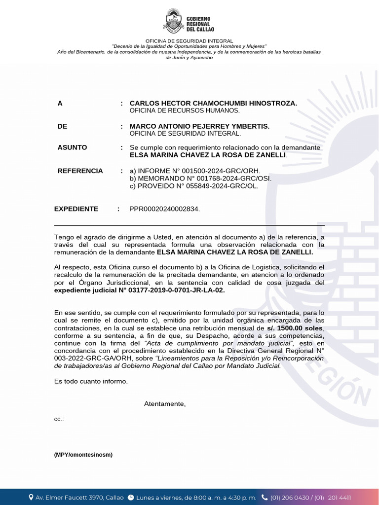 Memorando A Recursos Humanos Sobre Recalculo de Sueldo Caso Elsa Marina ...