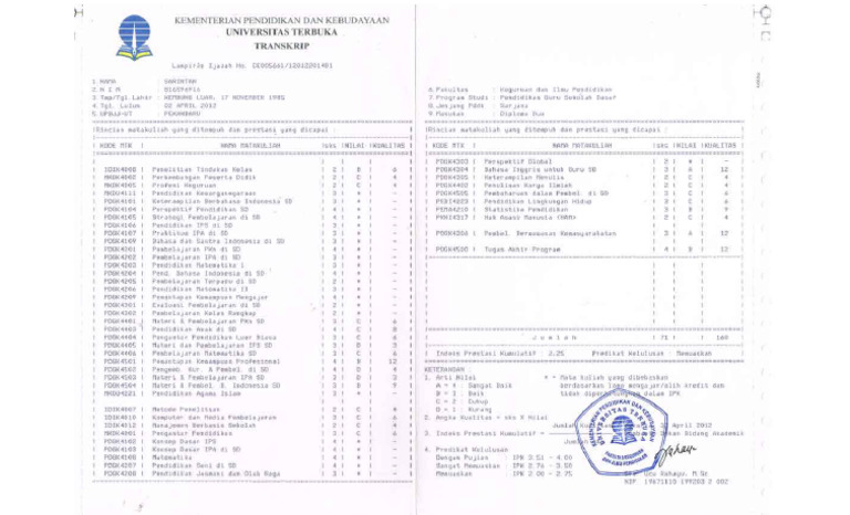 Transkrip Nilai Sari Ntan | PDF