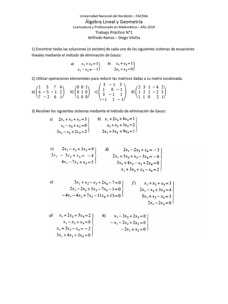 Trabajo Práctico 1 Alg. Lin. 2019 | PDF | Matriz (Matemáticas) | Álgebra lineal