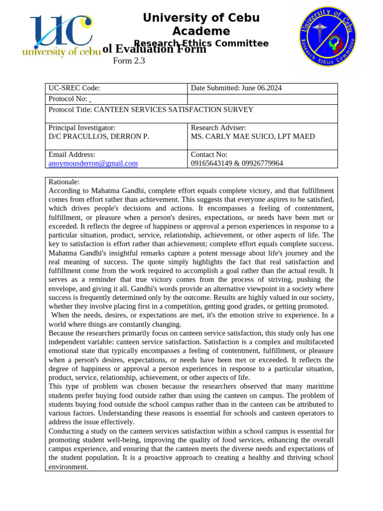 Form 2.3 Protocol Evaluation Form 1 2024 Version | PDF | Contentment | Statistics