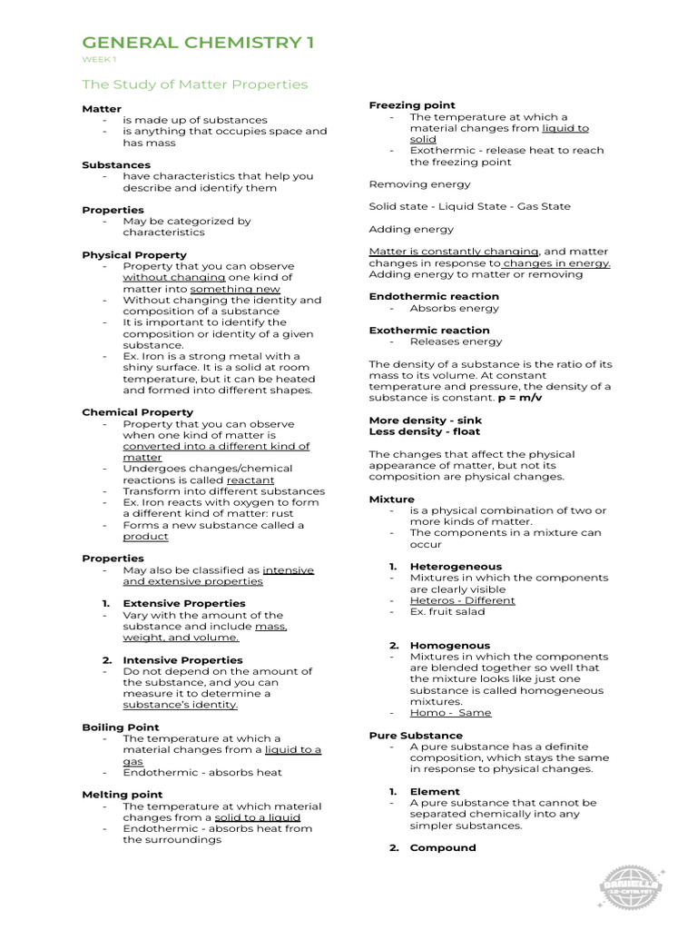 General Chemistry 1 Transes Week 1 | PDF | Chemical Substances | Mixture