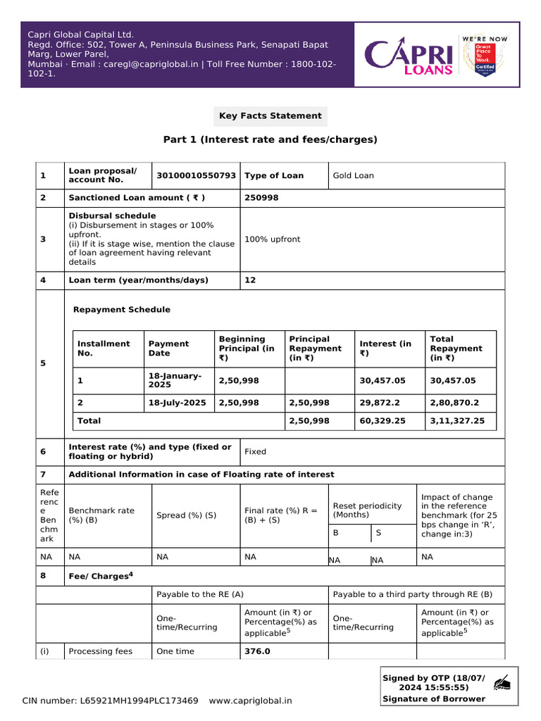 Part 1 (Interest Rate and Fees/charges) : Key Facts Statement | PDF | Loans | Interest