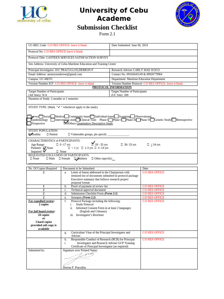 Form 2.1 Submission Checklist | PDF | Clinical Trial | Clinical Research
