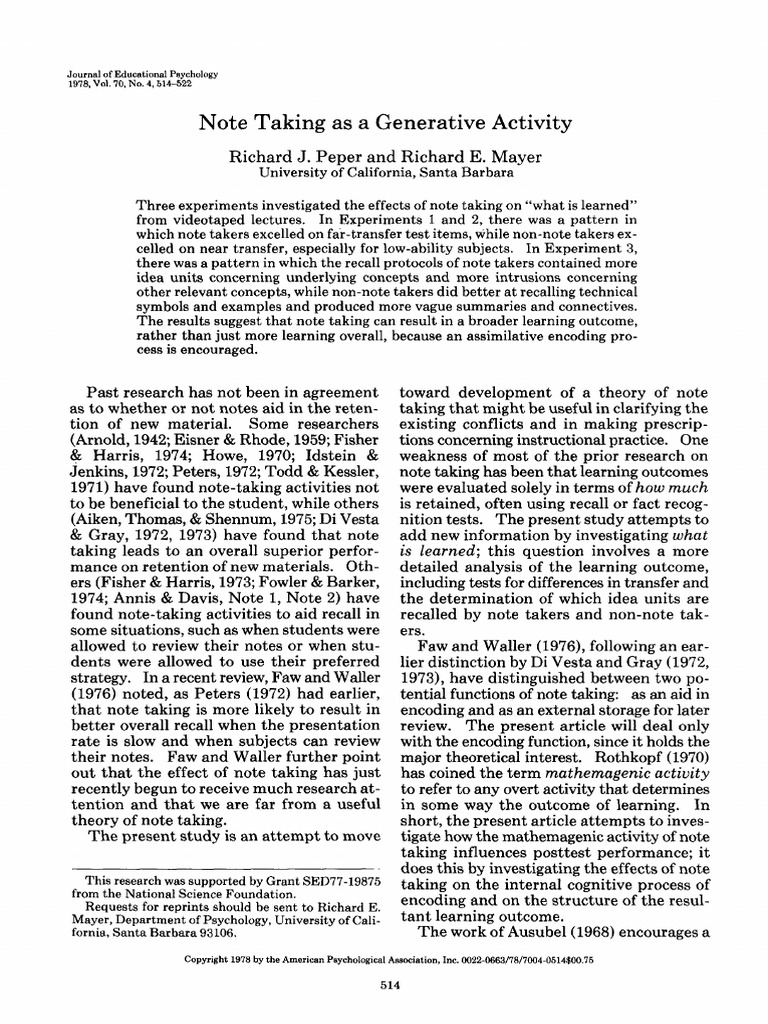 Note Taking As A Generative Activity | PDF | Learning | Experiment
