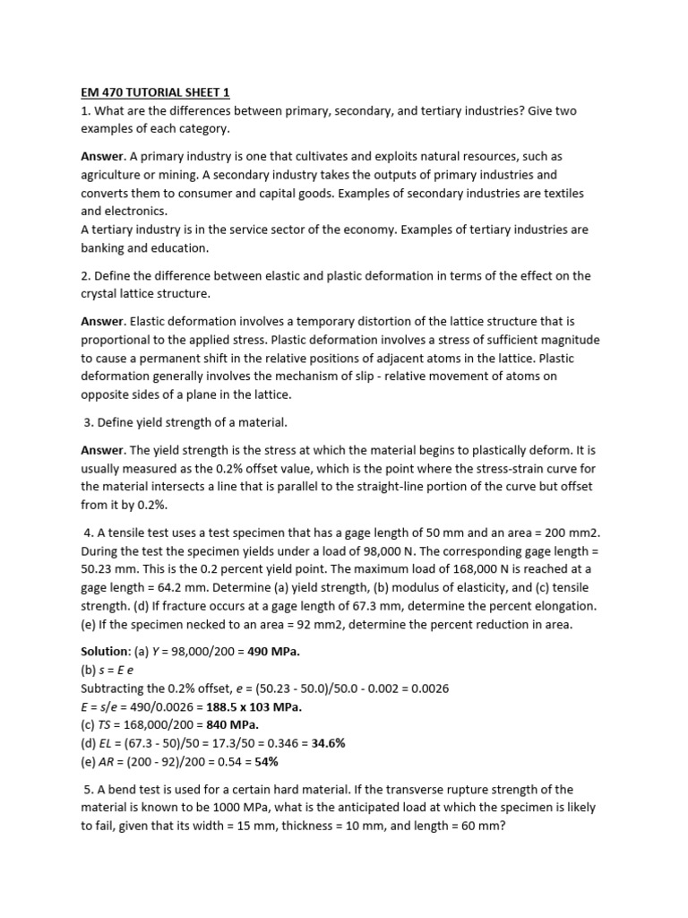 EM 470 Tutorial With Answers | PDF | Deformation (Engineering) | Yield ...
