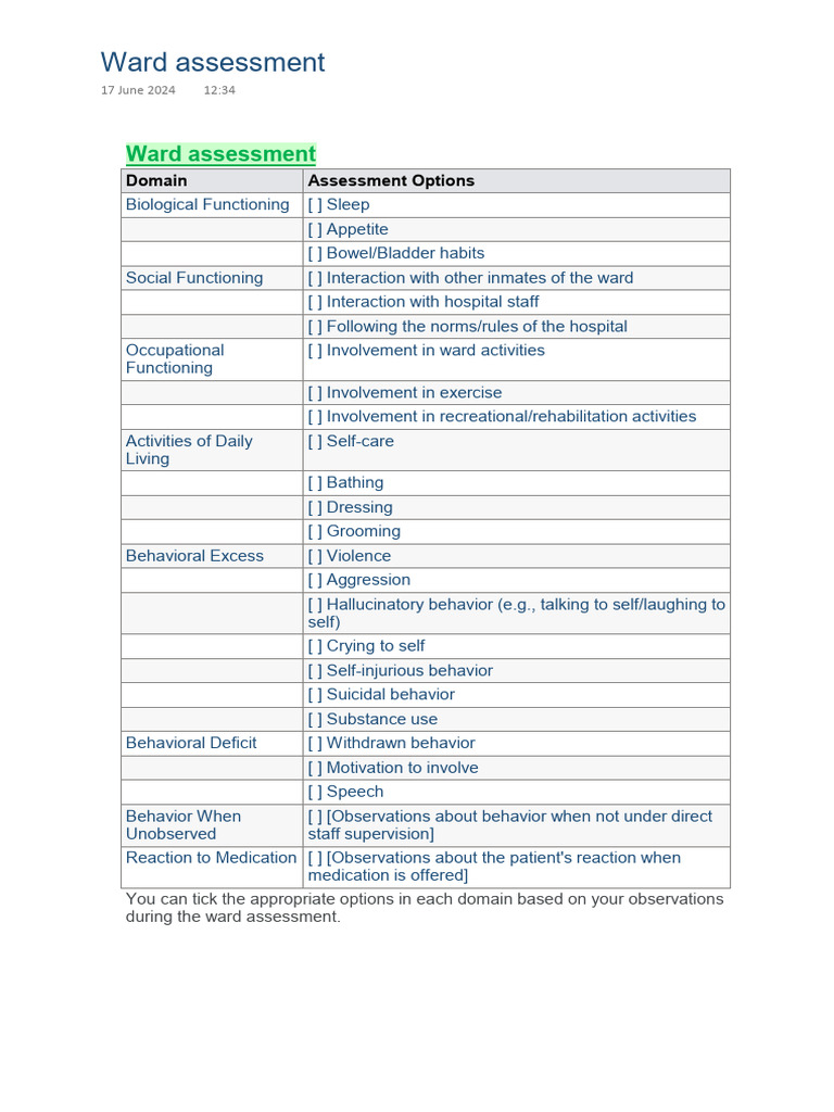 Psychiatry Ward Assessment | PDF