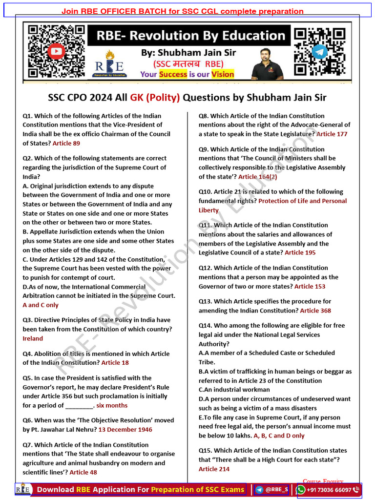 Polity (One-Liner) (E) SSC CPO 2024 - RBE | PDF | Government Of India ...