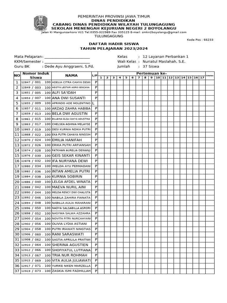 Daftar Hadir Siswa 2023-2024 Ok Gruessss | PDF