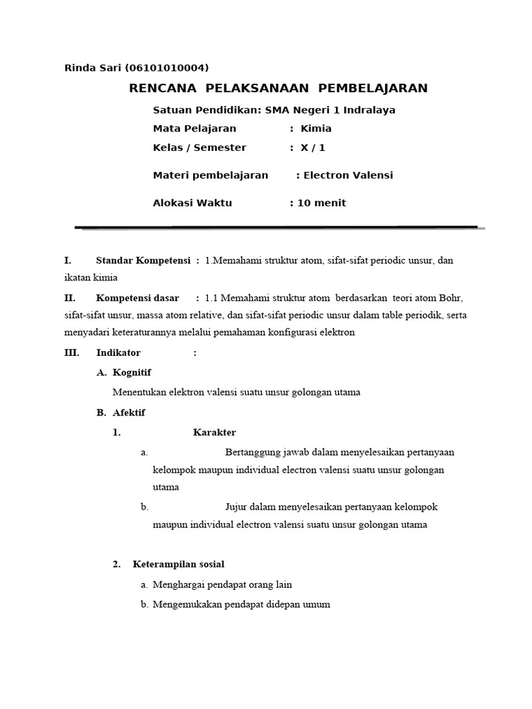 Contoh RPP Mini Konfigurasi Elektron Dan Elektron Valensi | PDF
